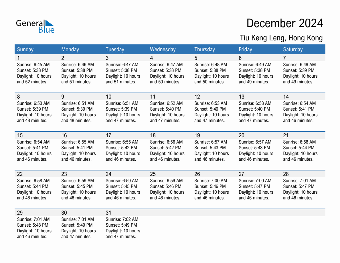 December 2024 Sunrise and Sunset Calendar for Tiu Keng Leng, Hong Kong ...