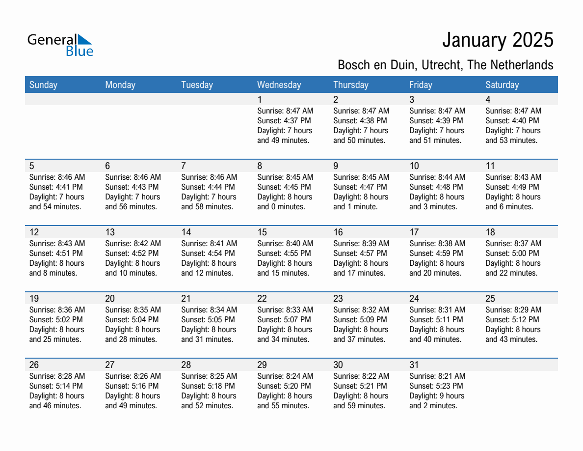 January 2025 Sunrise and Sunset Calendar for Bosch en Duin, The ...