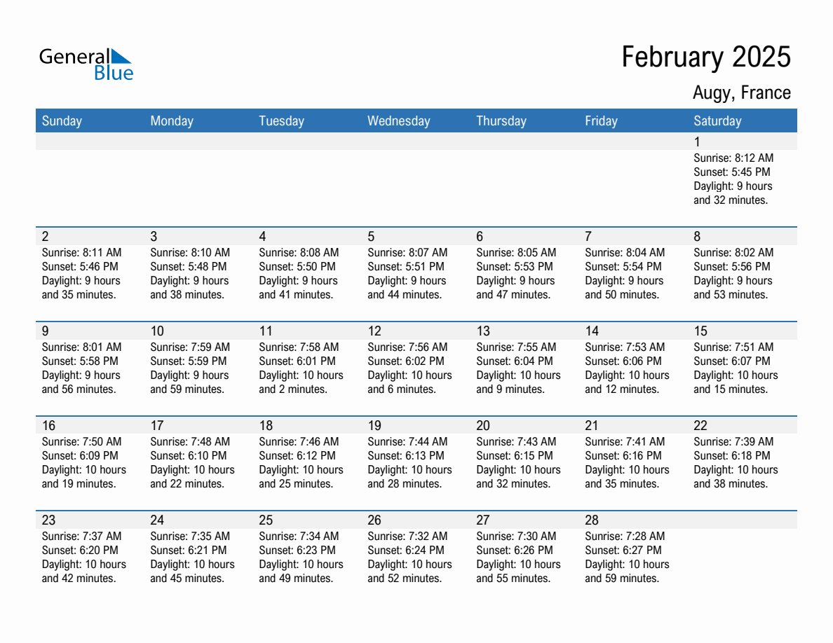 February 2025 Sunrise and Sunset Calendar for Augy, France (PDF, Excel ...