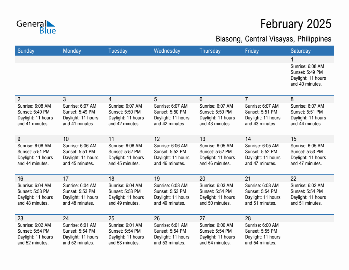 February 2025 Sunrise and Sunset Calendar for Biasong, Philippines (PDF ...