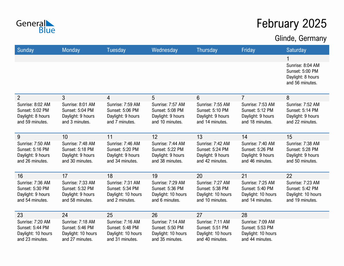 February 2025 Sunrise and Sunset Calendar for Glinde, Germany (PDF ...