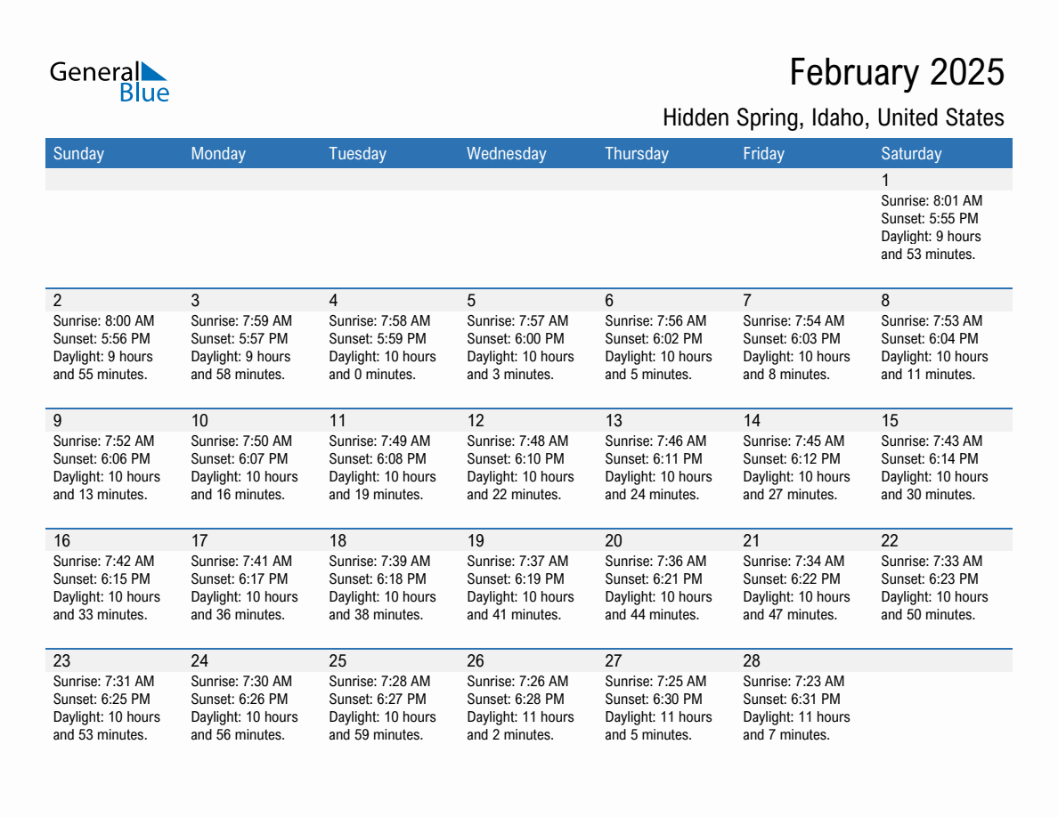 February 2025 Sunrise and Sunset Calendar for Hidden Spring (PDF, Excel ...