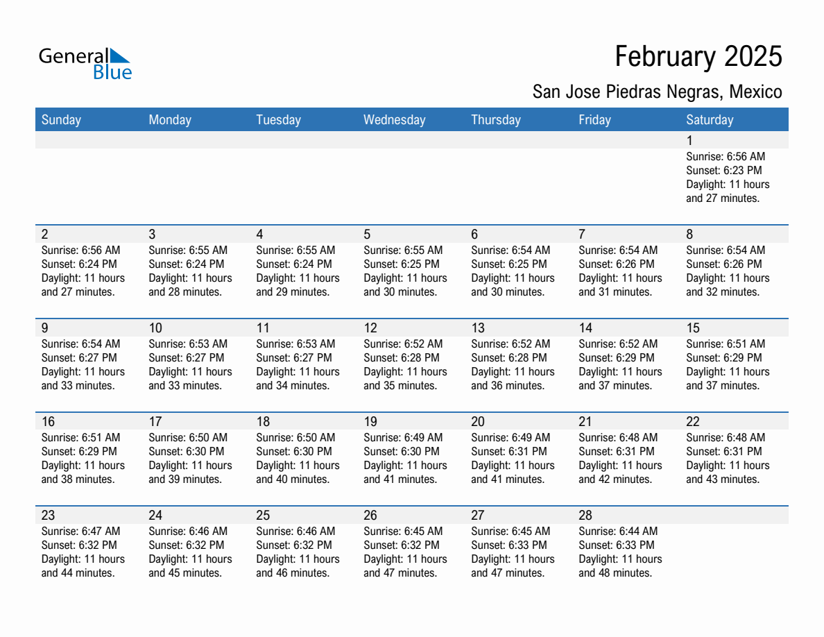 February 2025 Sunrise and Sunset Calendar for San Jose Piedras Negras ...