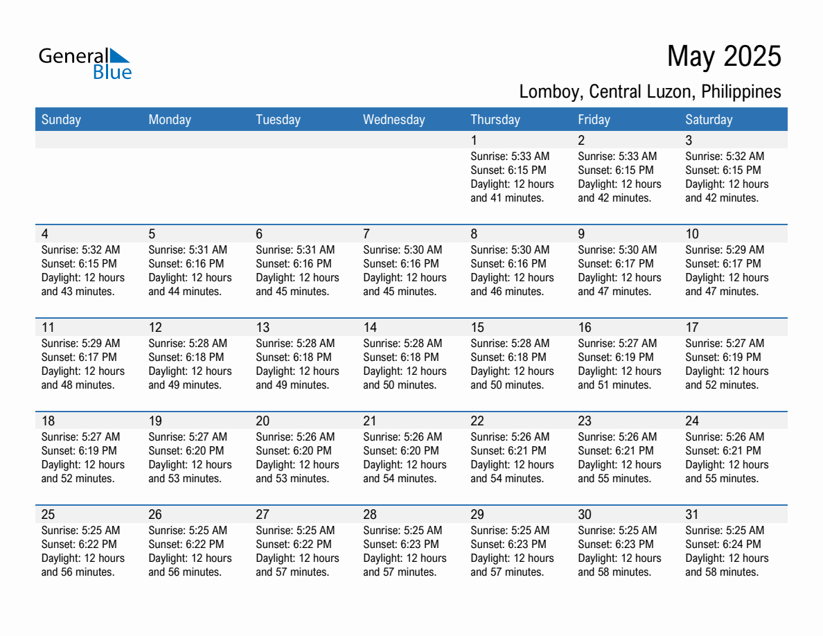 May 2025 Sunrise and Sunset Calendar for Lomboy (PDF, Excel, Word)