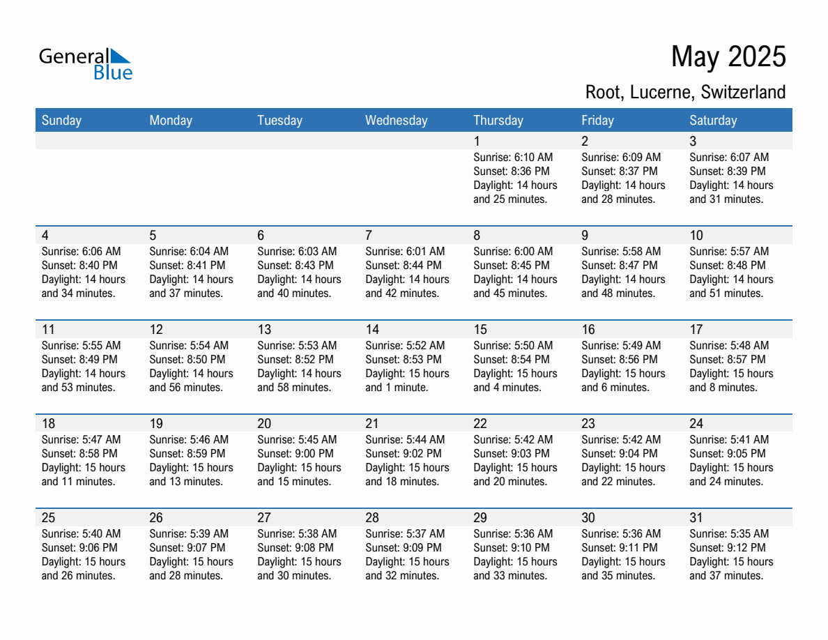 May 2025 Sunrise and Sunset Calendar for Root (PDF, Excel, Word)