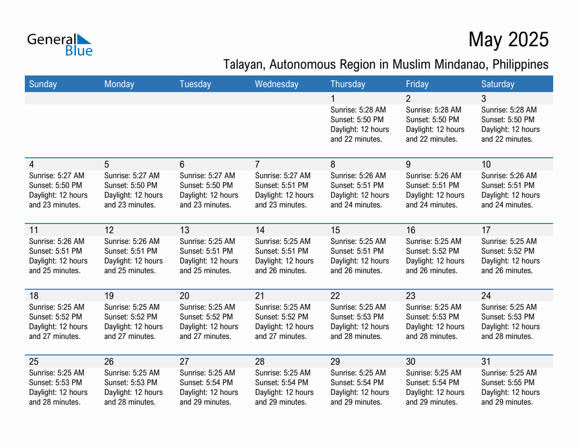 May 2025 Sunrise and Sunset Calendar for Talayan (PDF, Excel, Word)