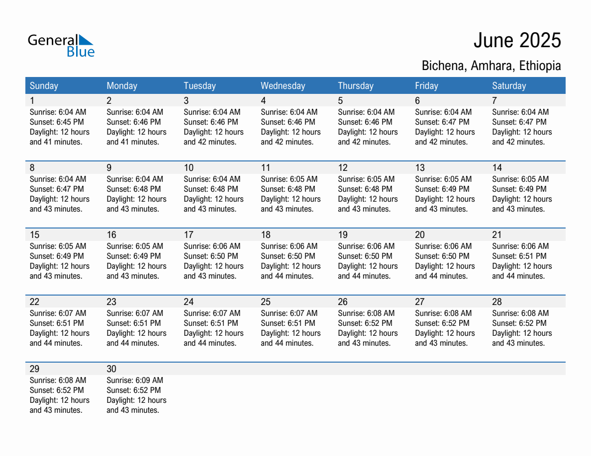 June 2025 Sunrise and Sunset Calendar for Bichena (PDF, Excel, Word)