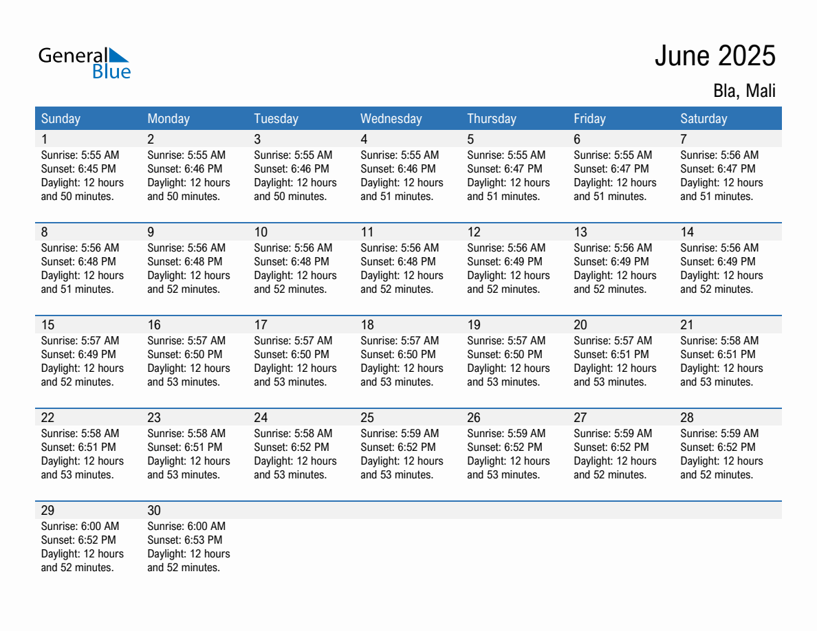 June 2025 Sunrise and Sunset Calendar for Bla (PDF, Excel, Word)