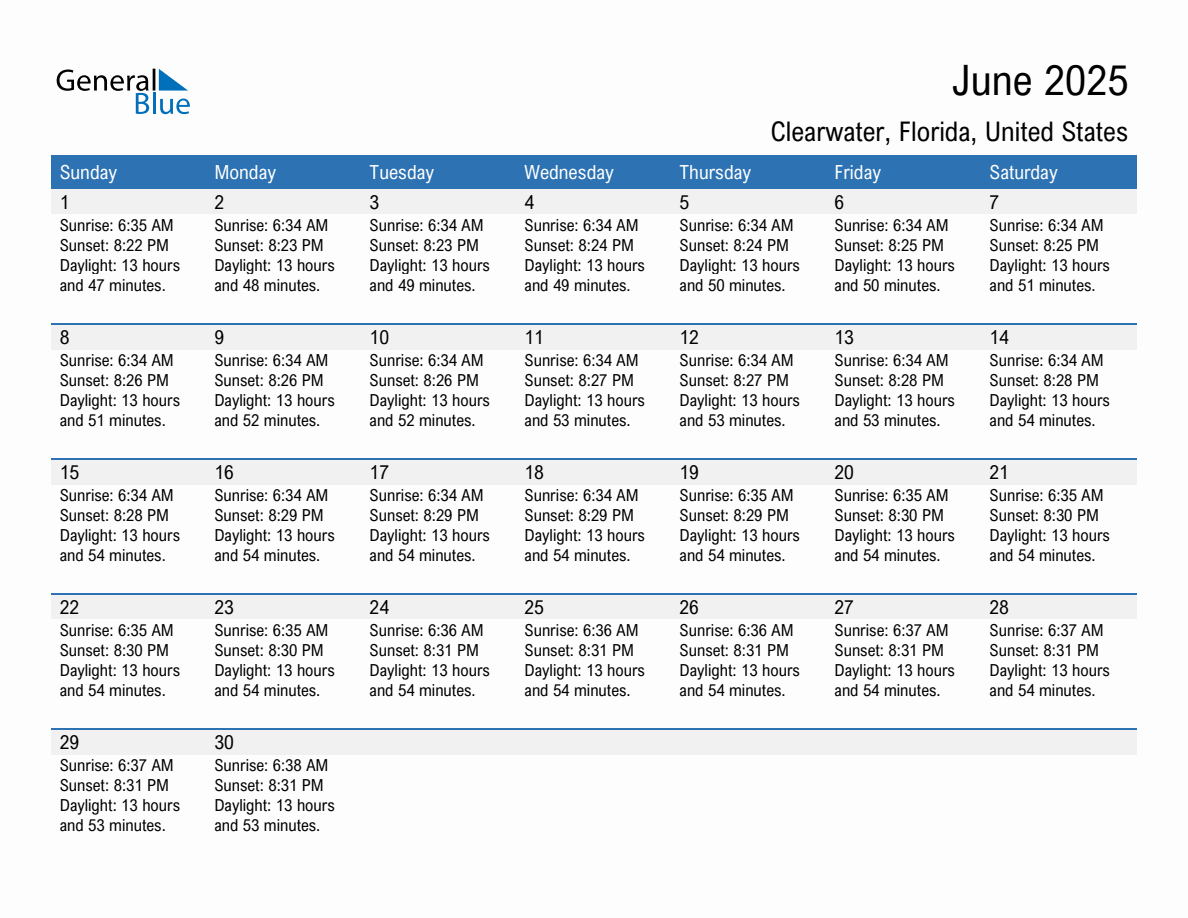June 2025 Sunrise and Sunset Calendar for Clearwater, United States ...