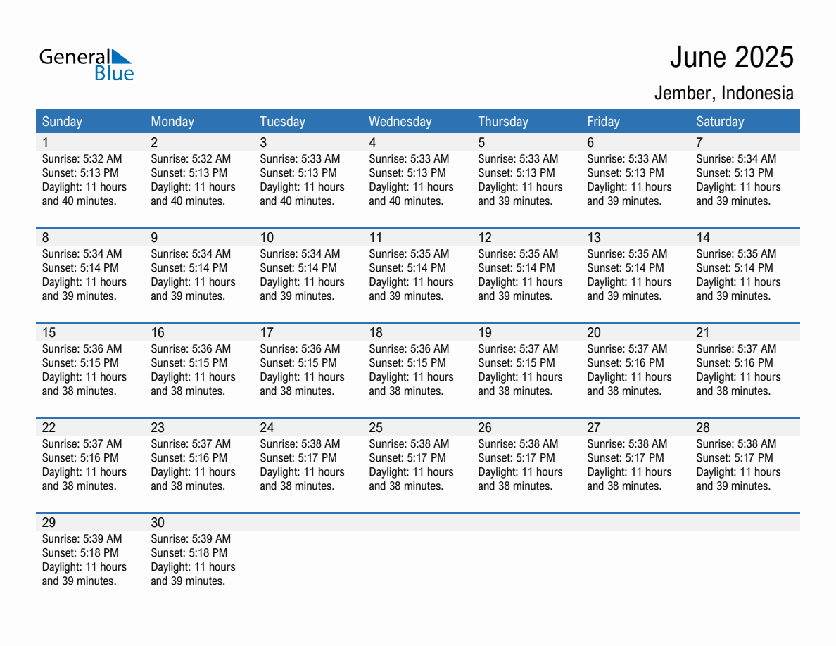 June 2025 Sunrise and Sunset Calendar for Jember, Indonesia (PDF, Excel ...