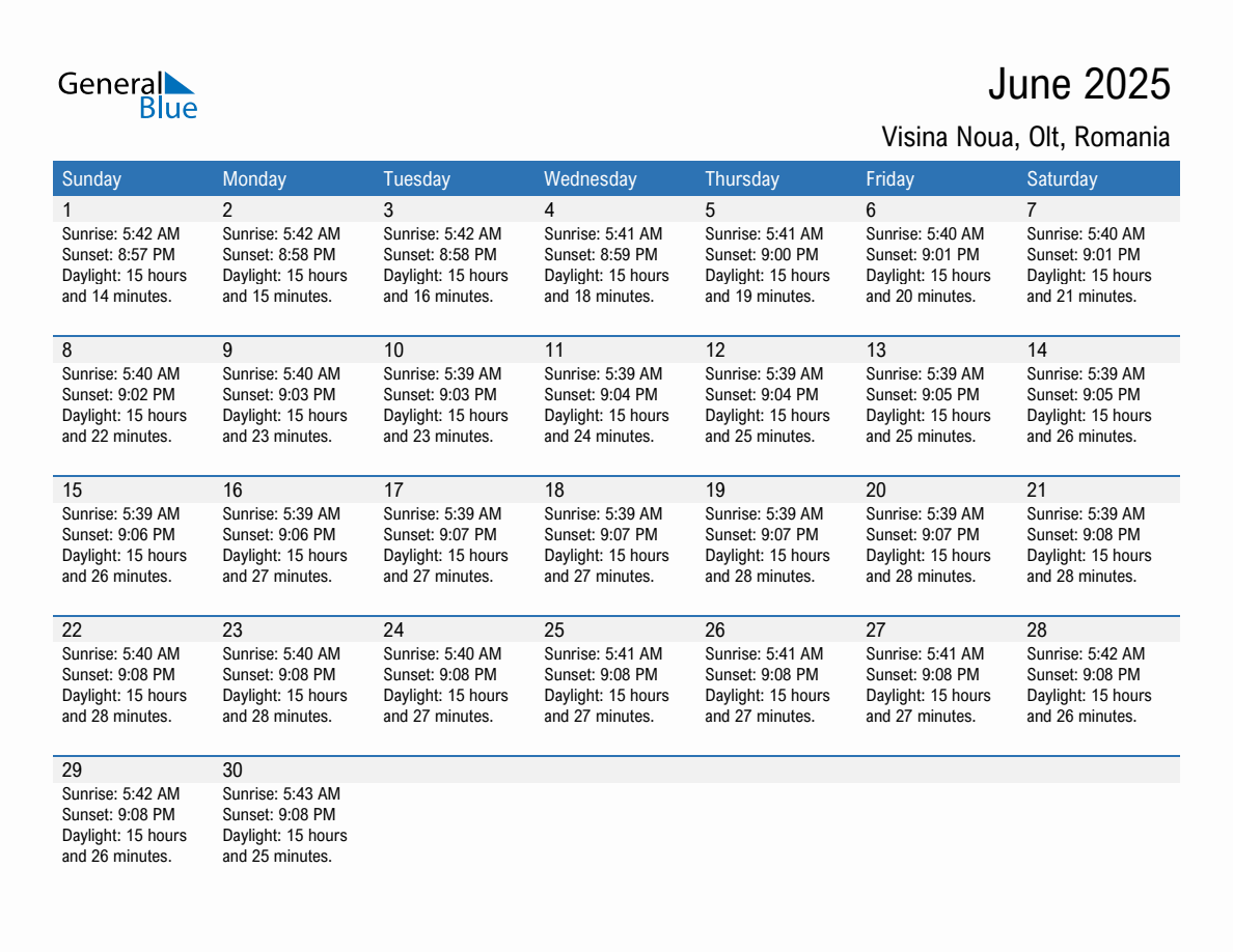 June 2025 Sunrise and Sunset Calendar for Visina Noua (PDF, Excel, Word)