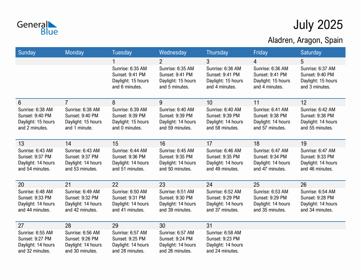 July 2025 Sunrise and Sunset Calendar for Aladren (PDF, Excel, Word)