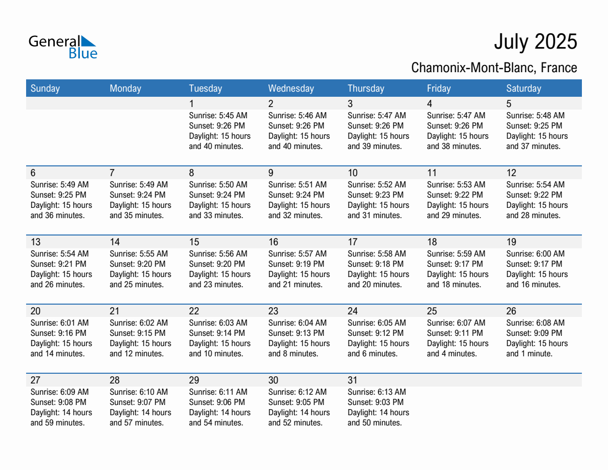 July 2025 Sunrise and Sunset Calendar for Chamonix-Mont-Blanc, France ...