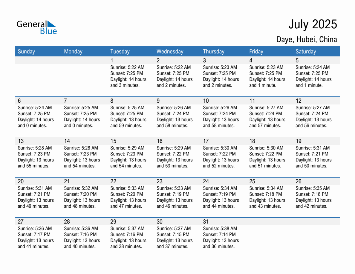 July 2025 Sunrise and Sunset Calendar for Daye, China (PDF, Excel, Word)