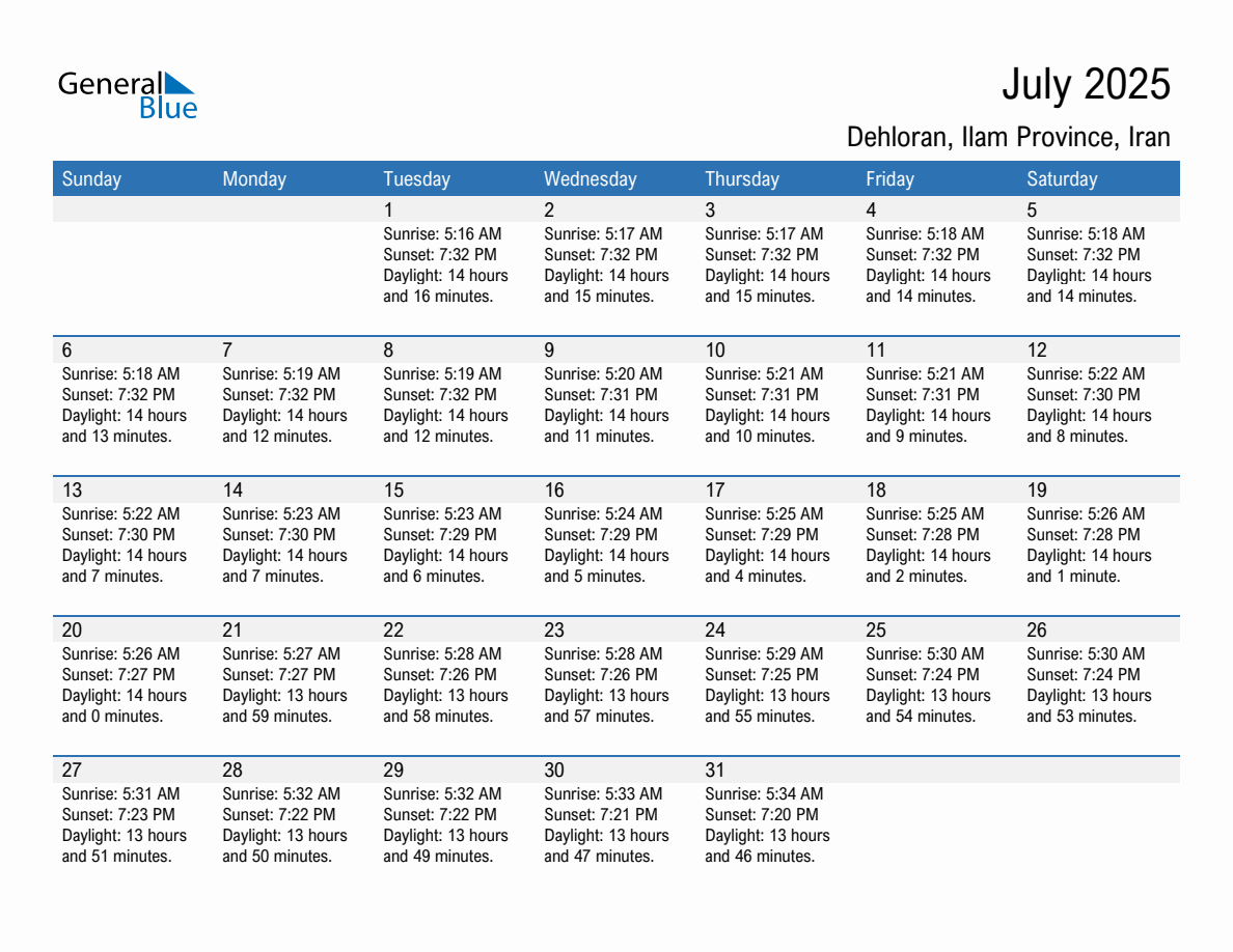 July 2025 Sunrise and Sunset Calendar for Dehloran (PDF, Excel, Word)