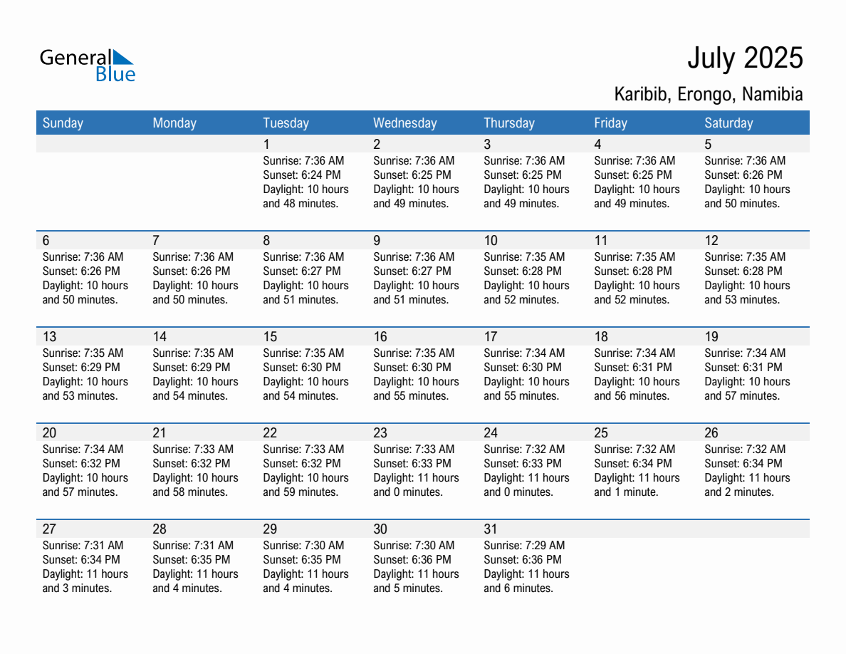 July 2025 Sunrise and Sunset Calendar for Karibib, Namibia (PDF, Excel ...