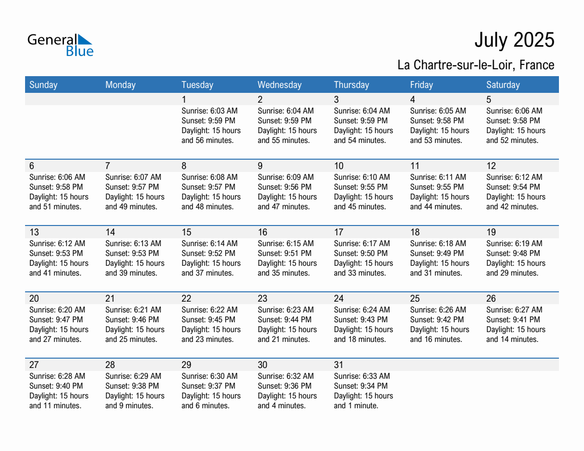 July 2025 Sunrise and Sunset Calendar for La Chartre-sur-le-Loir, France (PDF, Excel, Word)