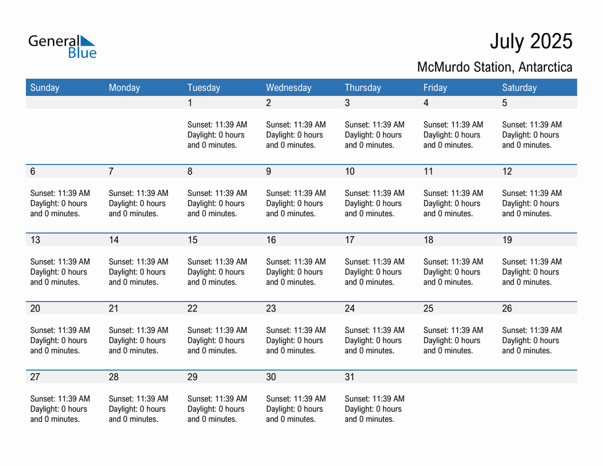 July 2025 Sunrise and Sunset Calendar for McMurdo Station (PDF, Excel ...