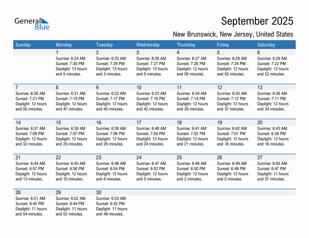 September 2025 Sunrise and Sunset Calendar for New Brunswick, United ...
