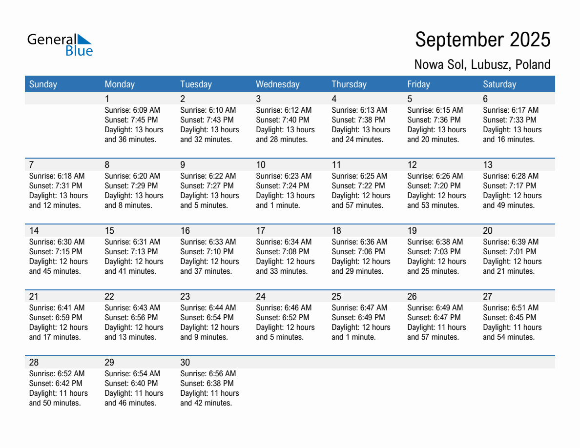 September 2025 Sunrise and Sunset Calendar for Nowa Sol (PDF, Excel, Word)