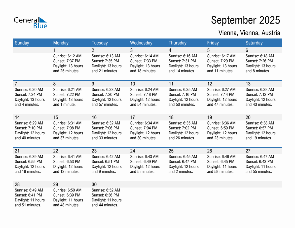 September 2025 Sunrise and Sunset Calendar for Vienna (PDF, Excel, Word)