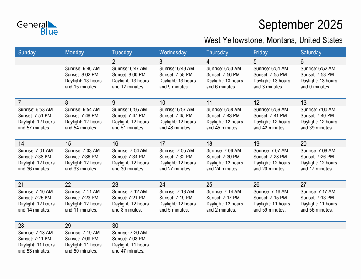 September 2025 Sunrise and Sunset Calendar for West Yellowstone, United ...