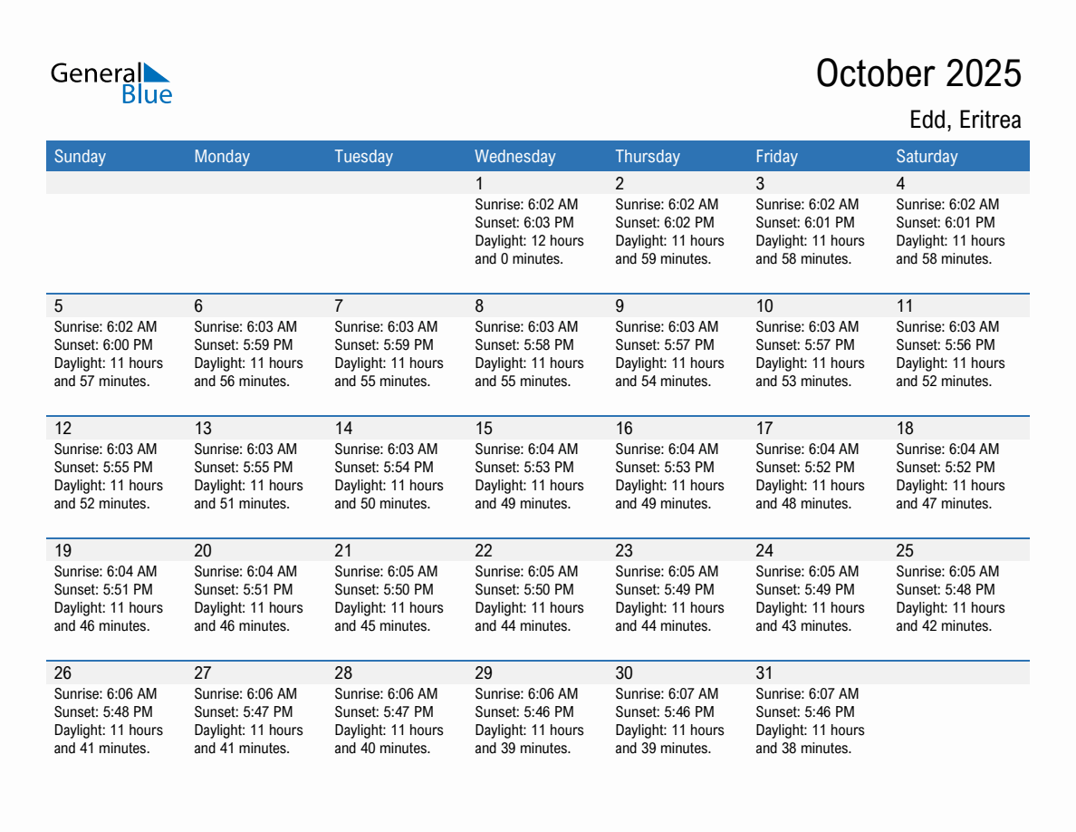 October 2025 Sunrise and Sunset Calendar for Edd, Eritrea (PDF, Excel ...