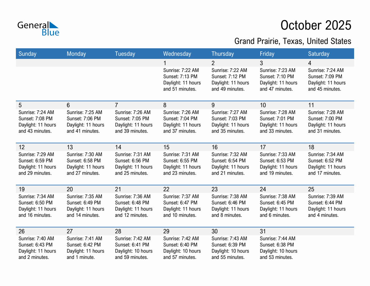 October 2025 Sunrise and Sunset Calendar for Grand Prairie, United ...