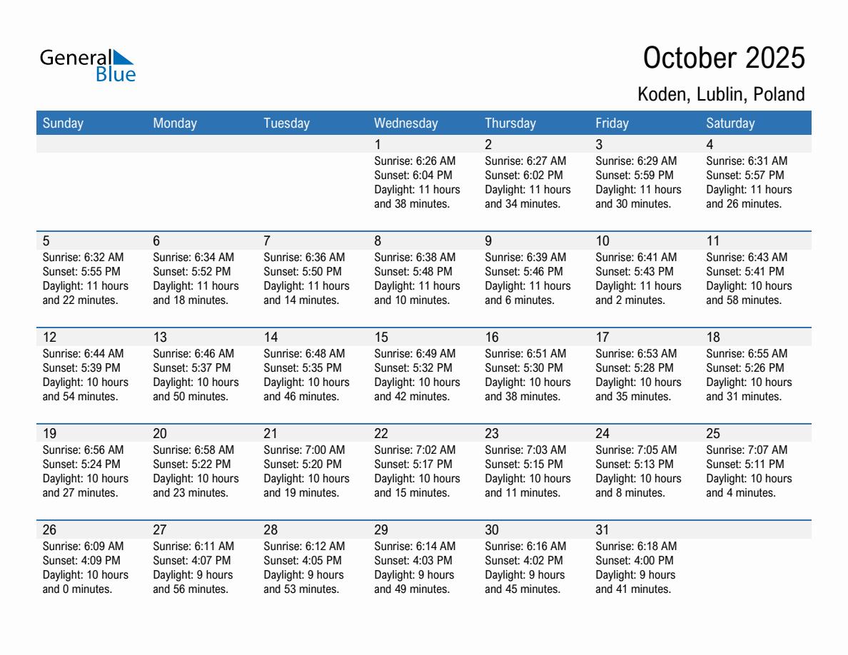 October 2025 Sunrise and Sunset Calendar for Koden (PDF, Excel, Word)