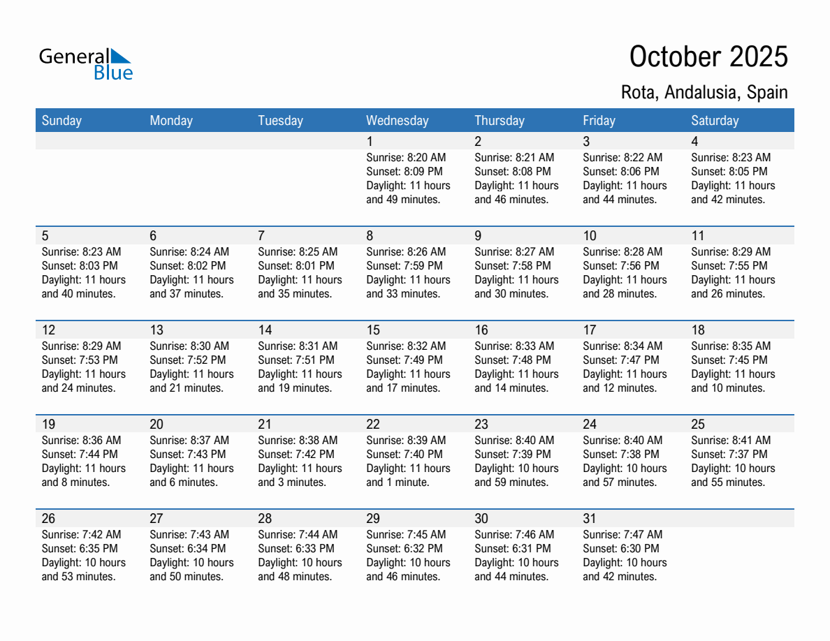 October 2025 Sunrise and Sunset Calendar for Rota, Spain (PDF, Excel, Word)