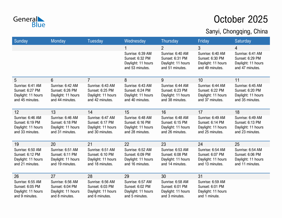 October 2025 Sunrise and Sunset Calendar for Sanyi, China (PDF, Excel ...