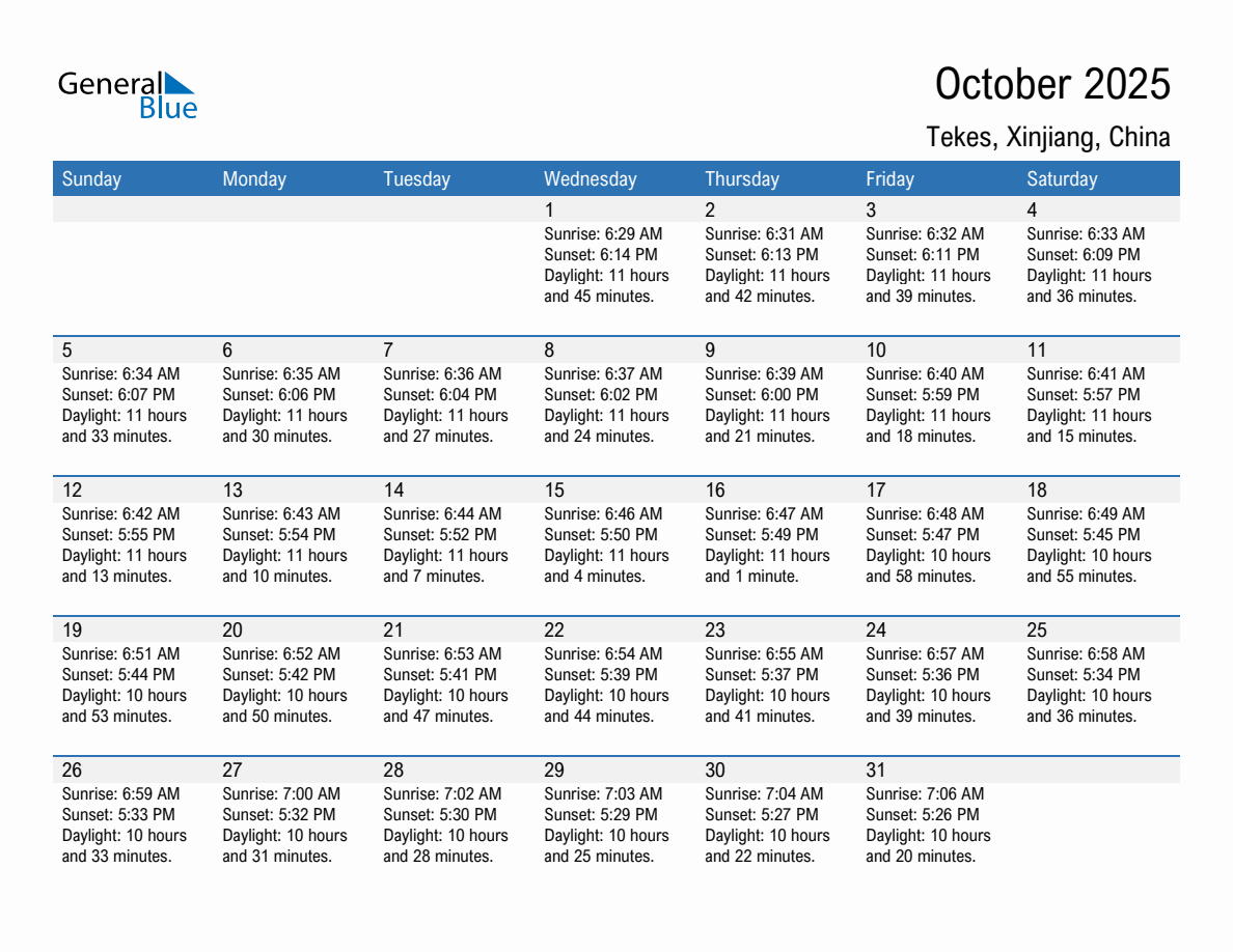 October 2025 Sunrise and Sunset Calendar for Tekes, China (PDF, Excel ...