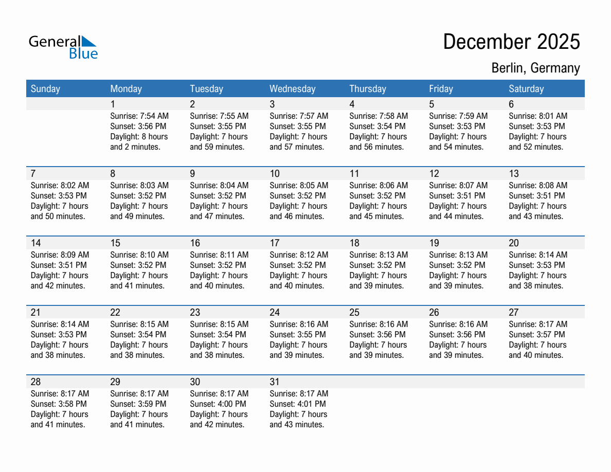 December 2025 Sunrise and Sunset Calendar for Berlin, Germany (PDF ...