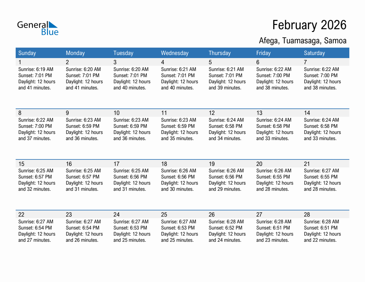 February 2026 Sunrise and Sunset Calendar for Afega, Samoa (PDF, Excel ...