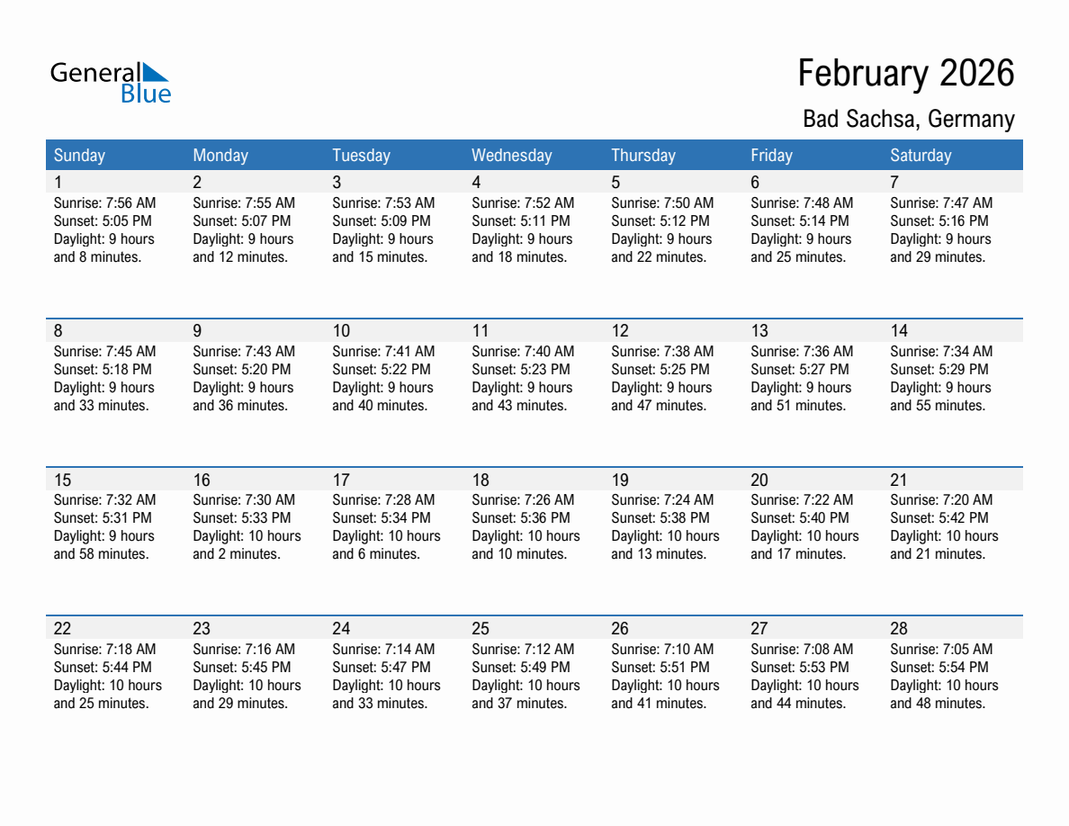 February 2026 Sunrise and Sunset Calendar for Bad Sachsa, Germany (PDF ...