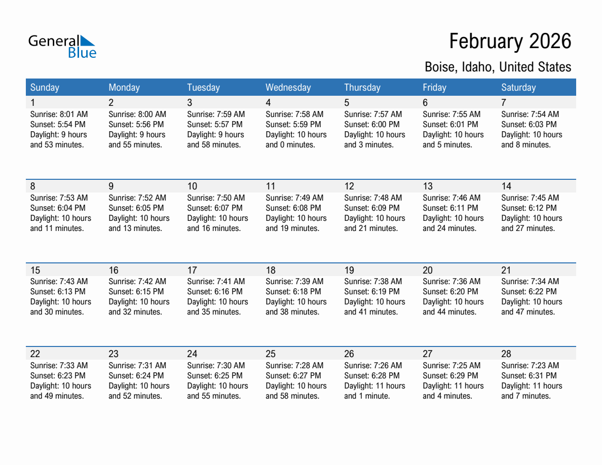 February 2026 Sunrise and Sunset Calendar for Boise, United States (PDF ...