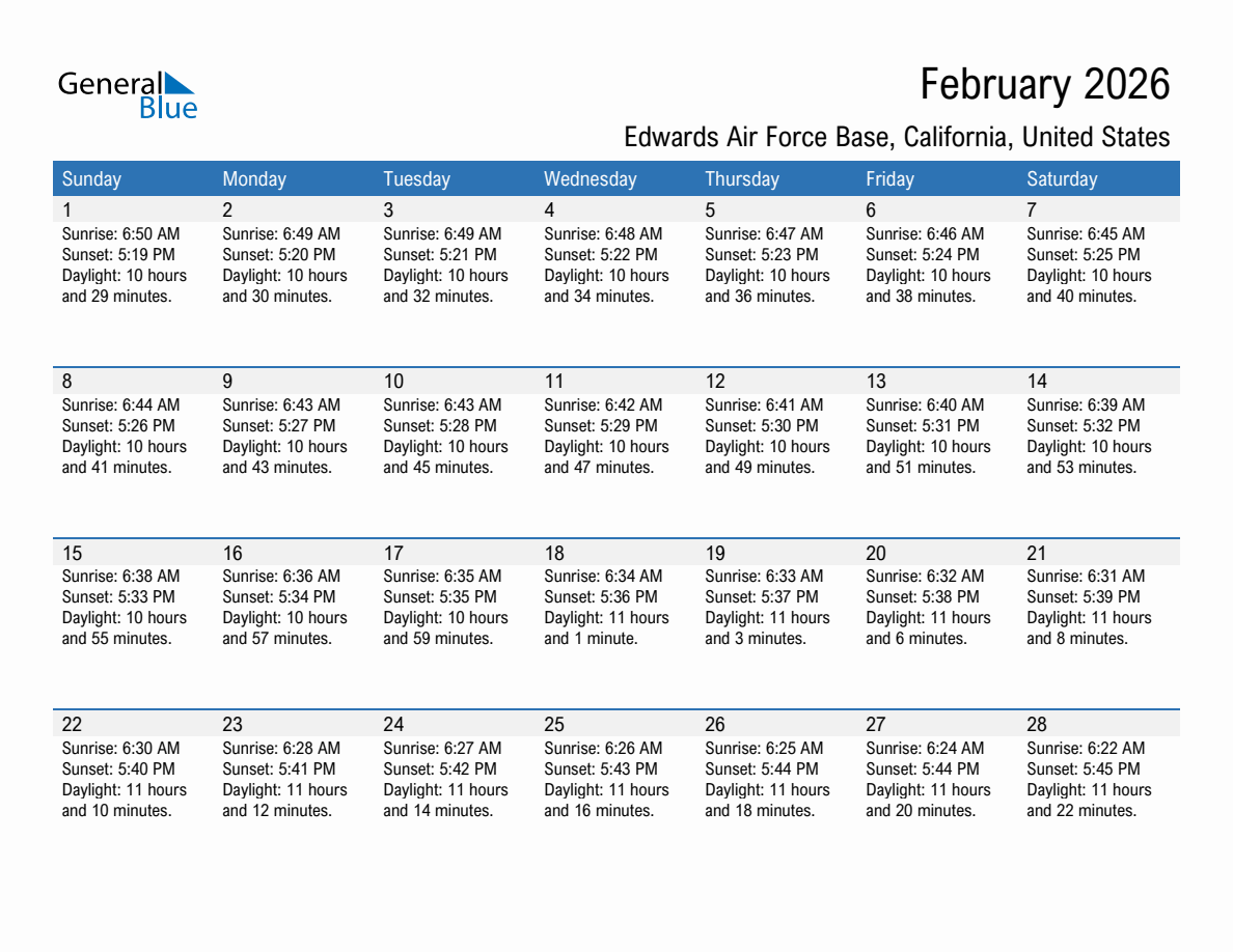 February 2026 Sunrise and Sunset Calendar for Edwards Air Force Base ...