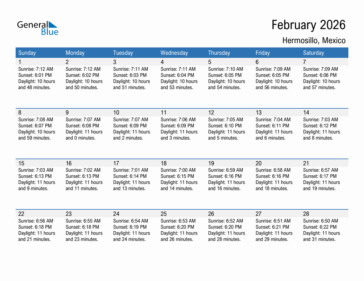 February 2026 Sunrise and Sunset Calendar for Hermosillo, Mexico (PDF ...