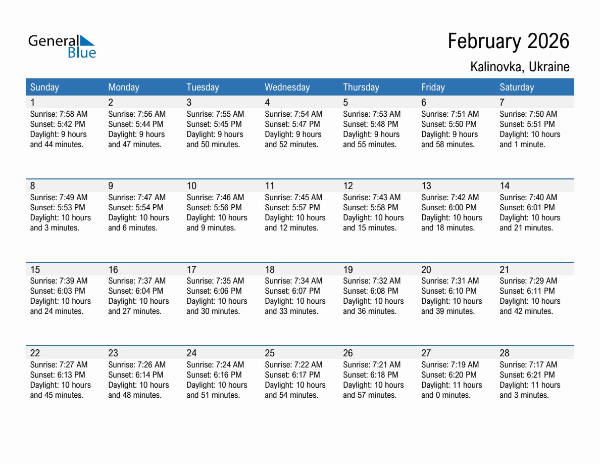 February 2026 Sunrise and Sunset Calendar for Kalinovka, Ukraine (PDF ...