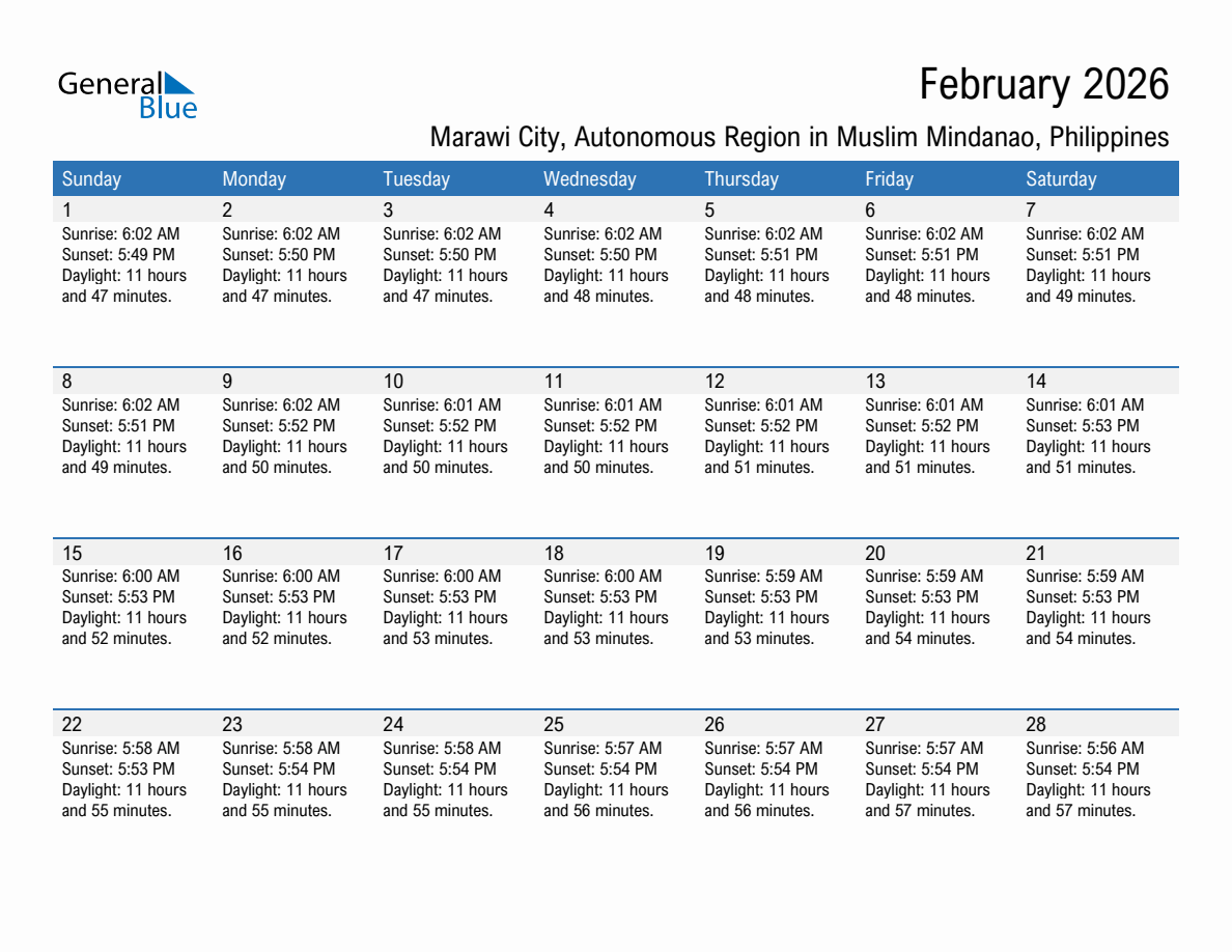 February 2026 Sunrise and Sunset Calendar for Marawi City, Philippines ...