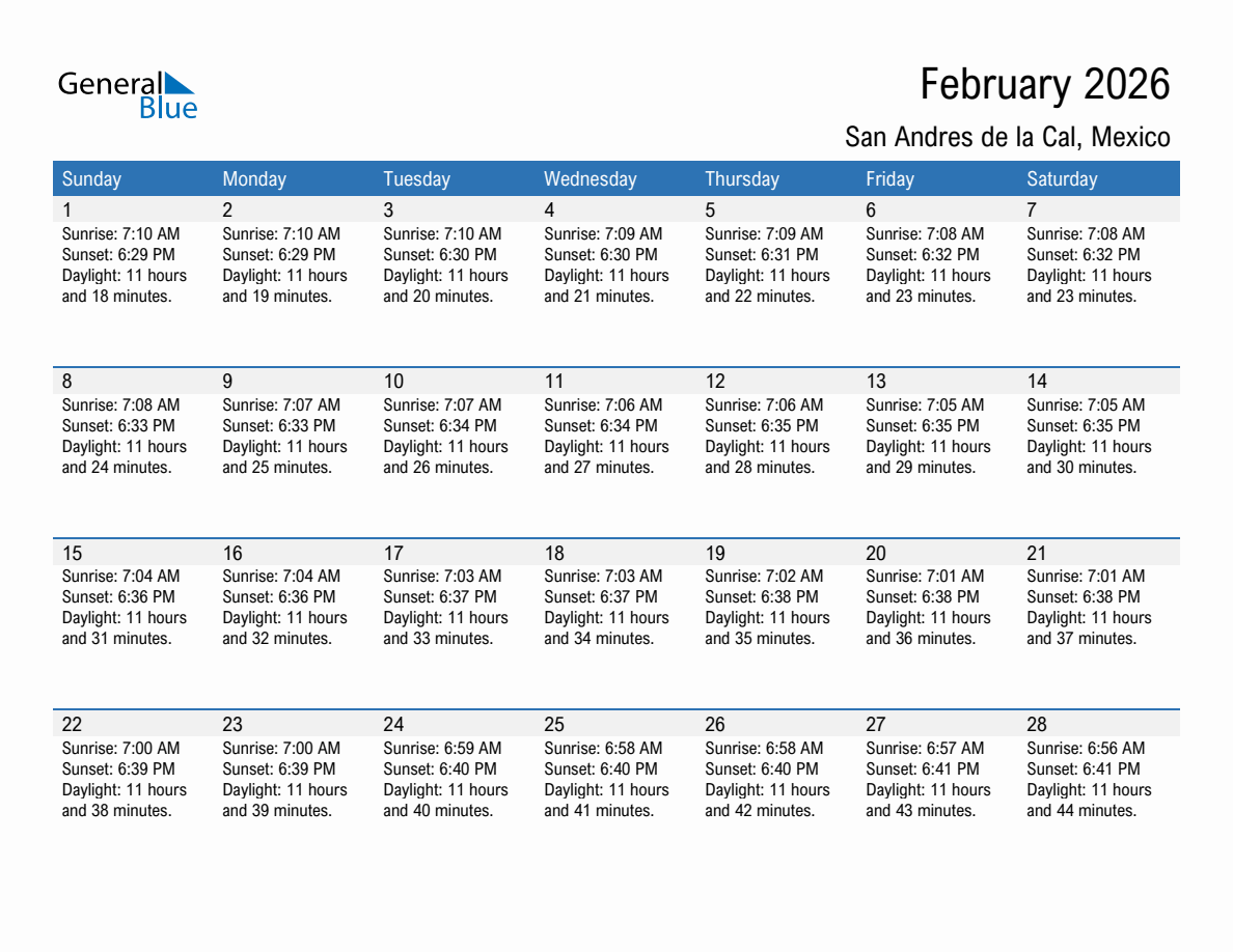 February 2026 Sunrise and Sunset Calendar for San Andres de la Cal ...