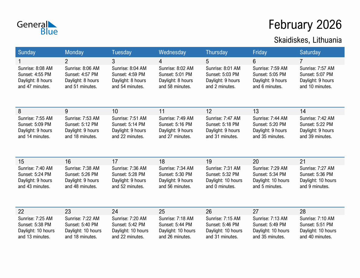February 2026 Sunrise and Sunset Calendar for Skaidiskes, Lithuania ...