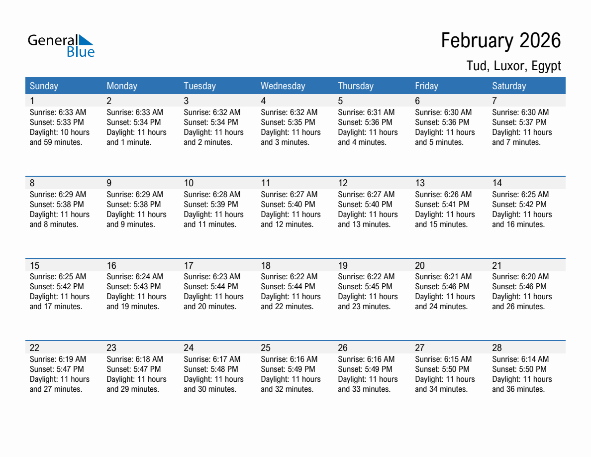 February 2026 Sunrise and Sunset Calendar for Tud, Egypt (PDF, Excel, Word)