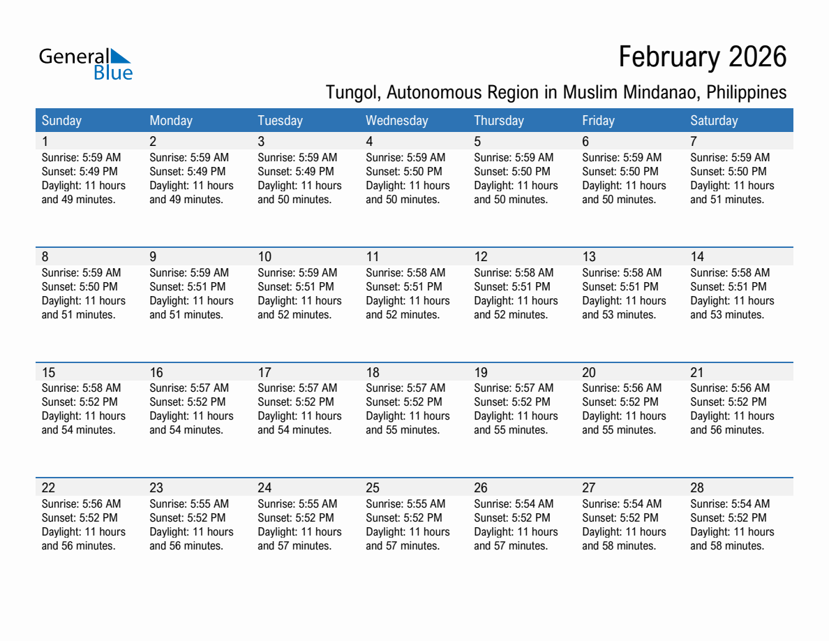 February 2026 Sunrise and Sunset Calendar for Tungol, Philippines (PDF ...