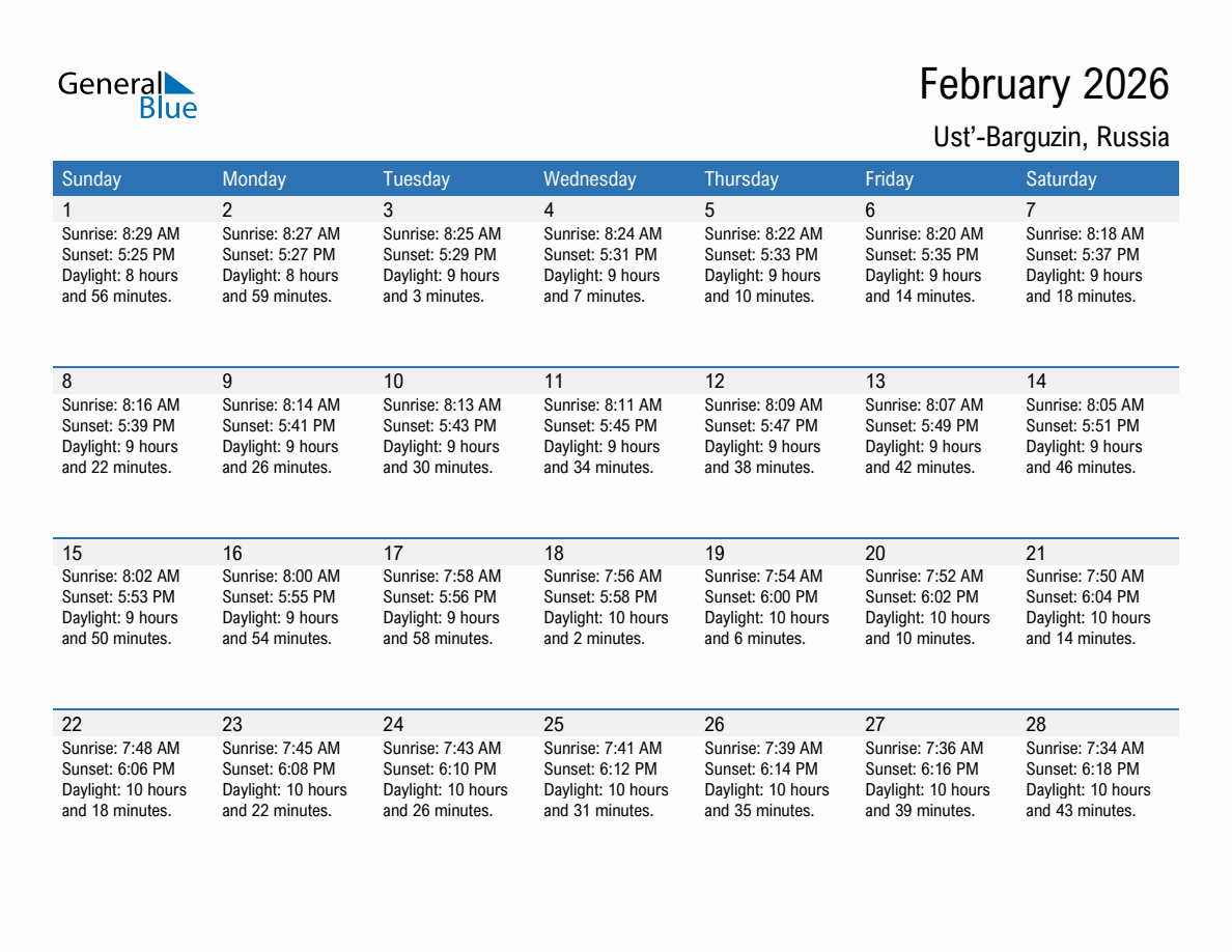 February 2026 Sunrise and Sunset Calendar for Ust'-Barguzin, Russia ...