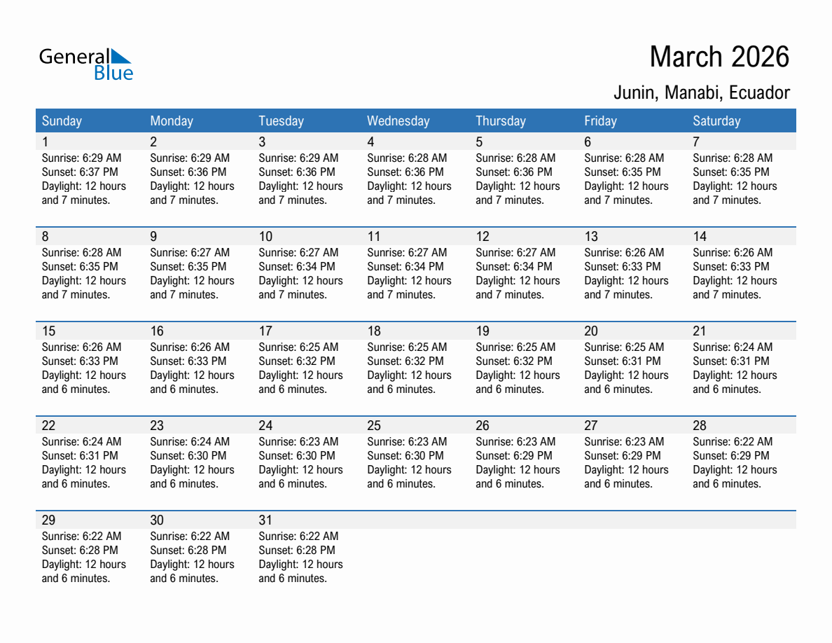 March 2026 Sunrise and Sunset Calendar for Junin, Ecuador (PDF, Excel ...
