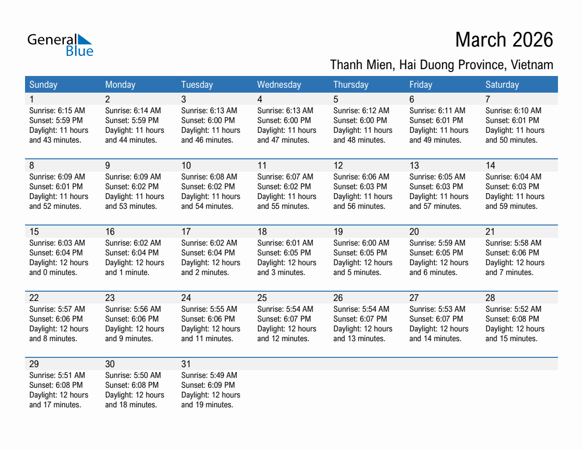 March 2026 Sunrise and Sunset Calendar for Thanh Mien, Vietnam (PDF ...