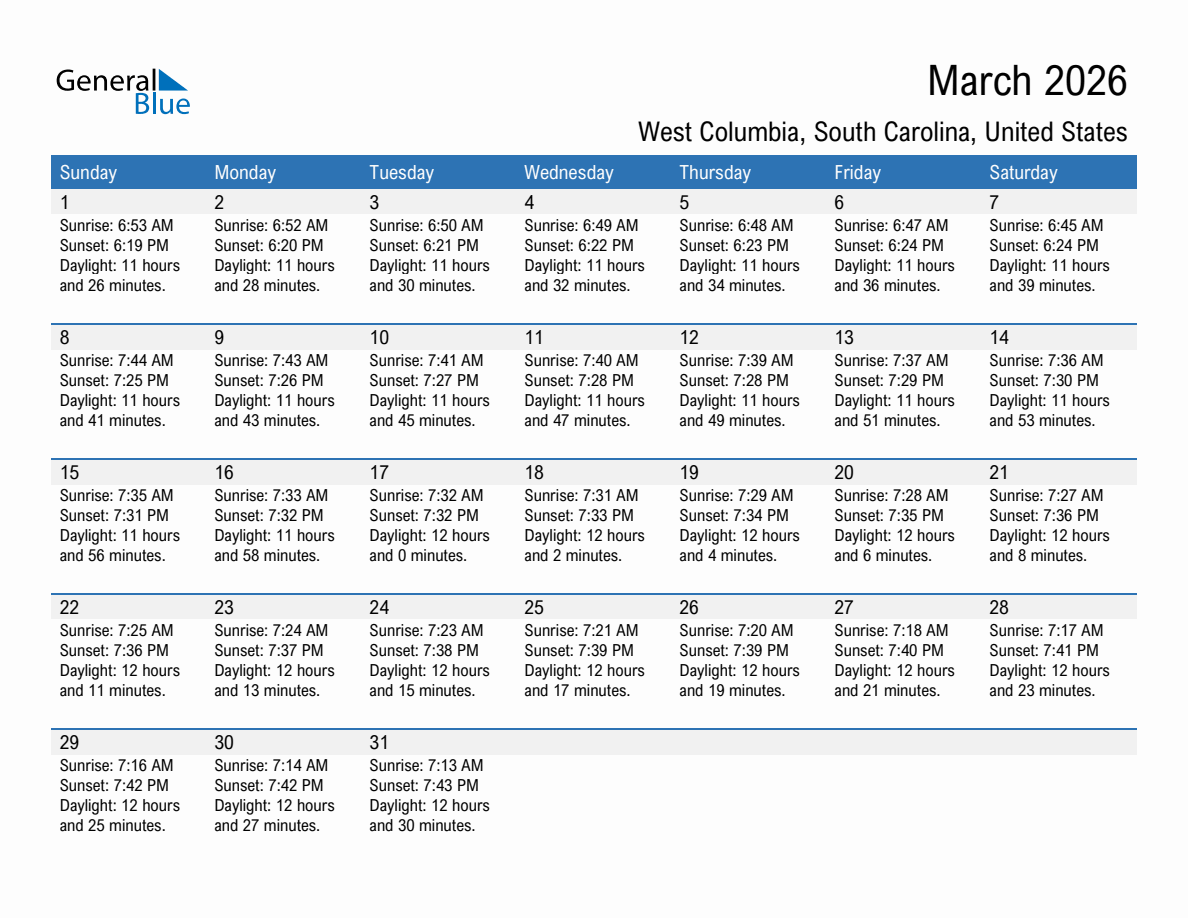 March 2026 Sunrise and Sunset Calendar for West Columbia, United States ...