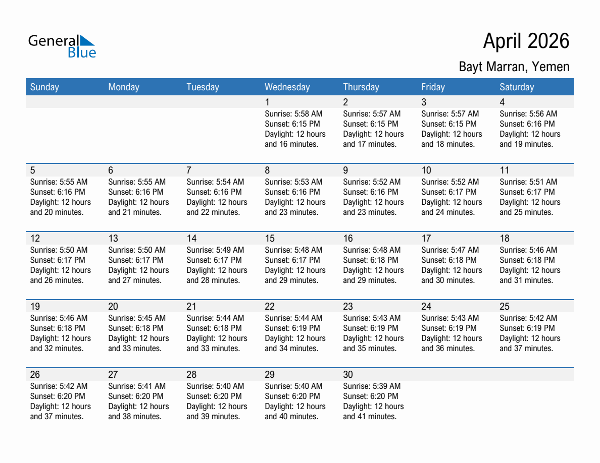 April 2026 Sunrise and Sunset Calendar for Bayt Marran, Yemen (PDF ...