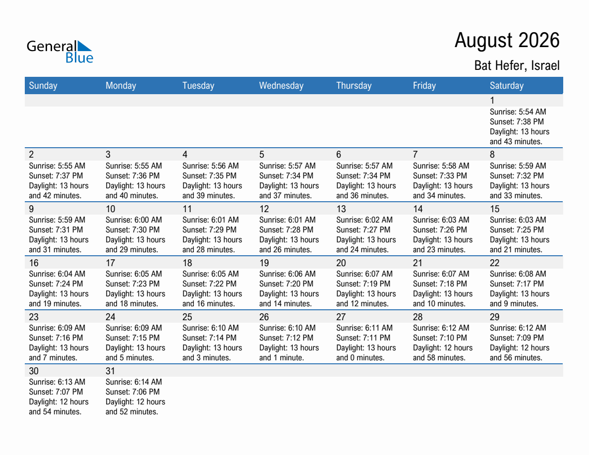 August 2026 Sunrise and Sunset Calendar for Bat Hefer, Israel (PDF ...